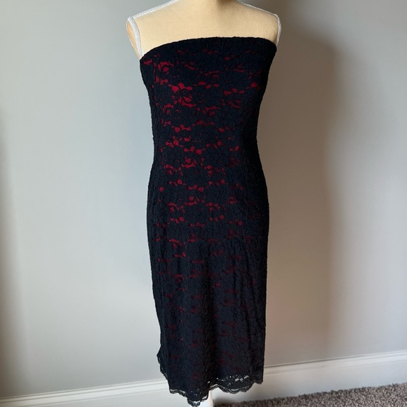Express | Dresses | Express Black Lace Over Red Lining Tube Dress ...